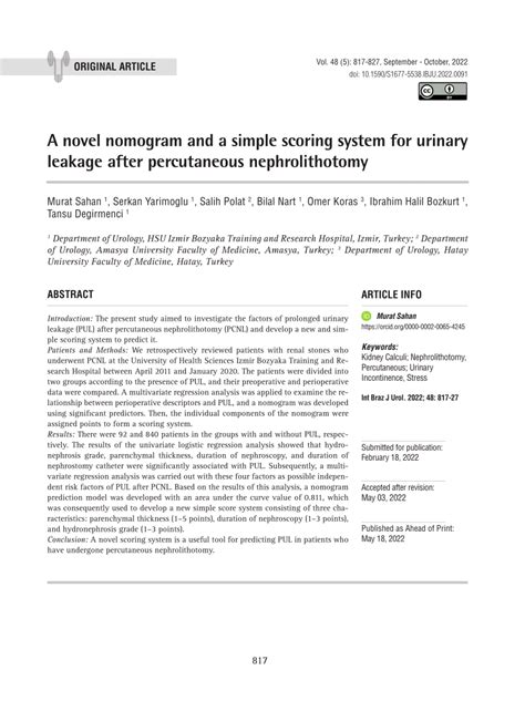Pdf A Novel Nomogram And A Simple Scoring System For Urinary Leakage After Percutaneous