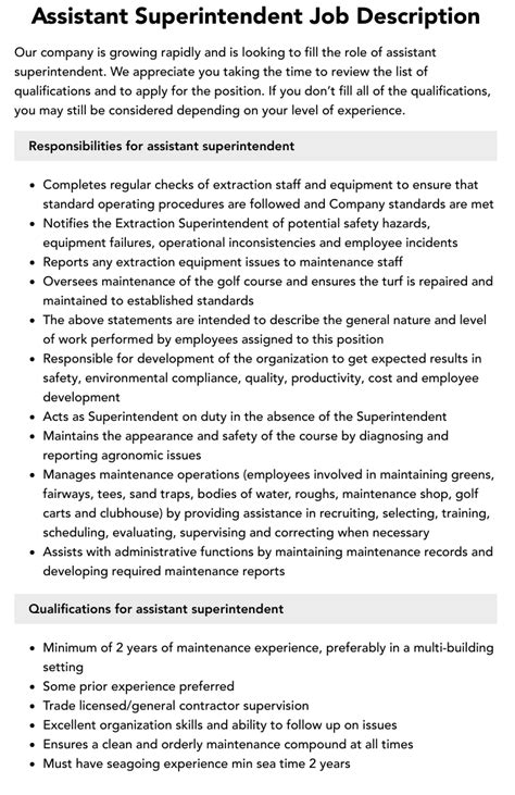 Assistant Superintendent Job Description Velvet Jobs