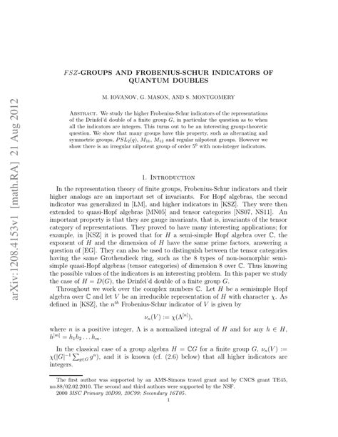 Pdf Fsz Groups And Frobenius Schur Indicators Of Quantum Doubles