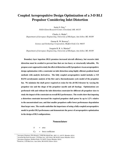 Pdf Coupled Aeropropulsive Optimization Of A Three Dimensional Boundary Layer Ingestion