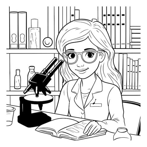 Premium Vector Scientist Girl With Microscope And Book In Laboratory