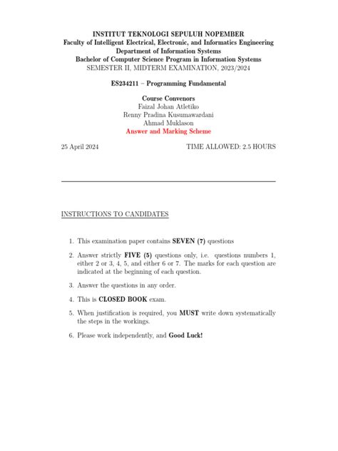 Es234211 Programming Fundamental Mt Marking Scheme Pdf Numbers