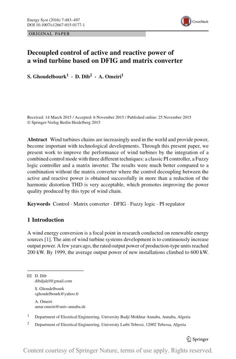 Decoupled Control Of Active And Reactive Power Of A Wind Turbine Based On Dfig And Matrix