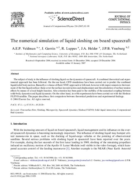 Pdf The Numerical Simulation Of Liquid Sloshing On Board Spacecraft