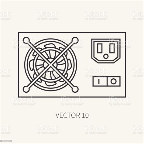 평면 벡터 컴퓨터 부품 아이콘 전원 라인 만화 스타일입니다 디지털 게임 및 비즈니스 사무실 Pc 데스크톱 장치입니다 혁신 가제트입니다 하드웨어입니다 일러스트 레이 션 및
