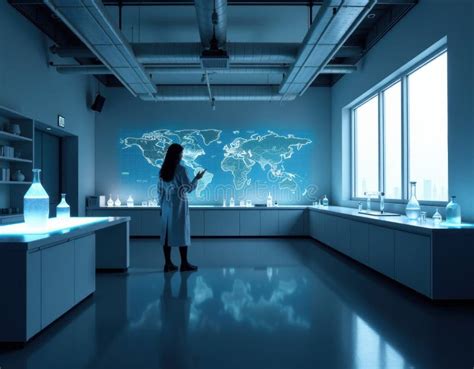 Female Scientist Studying Global Data On Interactive World Map In