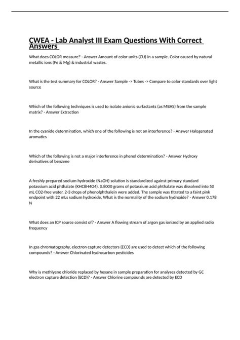 Cwea Lab Analyst Iii Exam Questions With Correct Answers Cwea Stuvia Us