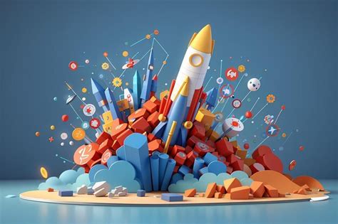 Premium Photo 3d Render Illustration Rocket Chart For Marketing Social Media Concept Interface