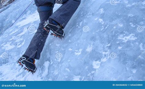 Close Up Alpinist Sticks Her Crampons In The Ice While Climbing Up