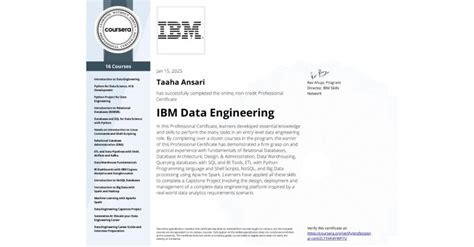 taaha ansari on linkedin completion certificate for ibm data engineering