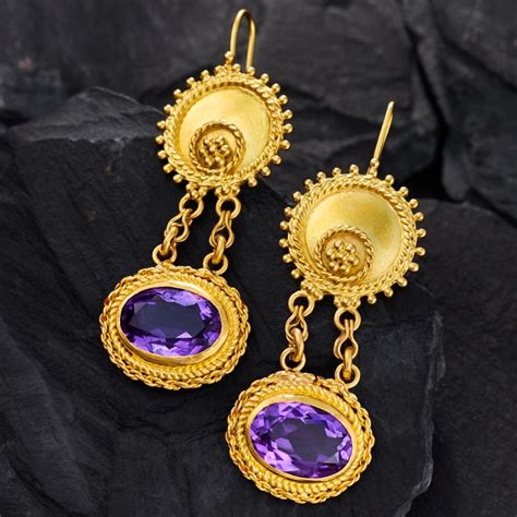 Oval Amethyst Ornate Dangle Earrings 14k Yellow Gold