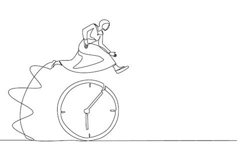 Premium Vector Continuous One Line Drawing Arabian Businesswoman Jump Over Time Passing Clock