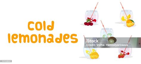 여름 청량 음료 세트 레모네이드 딸기 체리 키위 오렌지 격리된 흰색 배경에 벡터 그림입니다 얼음과 신선한 레모네이드 각얼음에