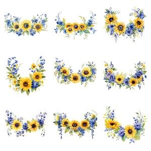 29 Sunflower And Bluebell Garlands Watercolor Clipart Garland Clipart