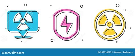 Set Radioactive In Location Secure Shield With Lightning And Radioactive Icon Vector Stock