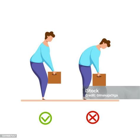 리프팅 박스 정확 하고 부적절한 기술 벡터 건강 관리 개념 만화 일러스트는 안전하게 올바른 위치를 들어 올려 무거운 물체를 들어