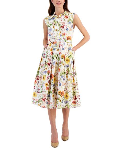 T Tahari Womens Floral Printed Linen Blend Belted Fit And Flare Midi