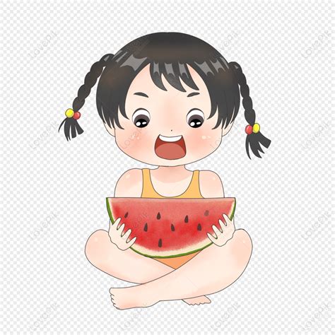 먹는 수박 소녀 Png 일러스트 무료 다운로드 Lovepik