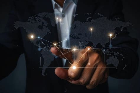 Businessman Touching World Map Virtual Button And Connect Communication Stock Illustration
