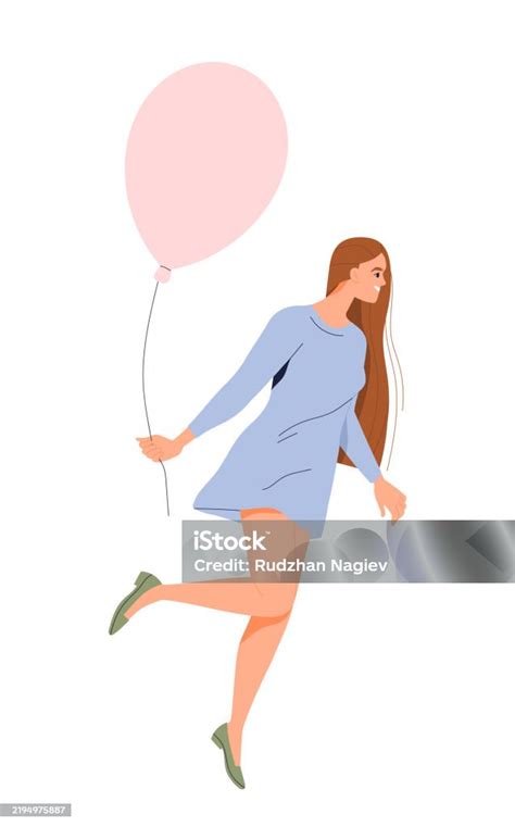 풍선과 함께 날아 다니는 행복 한 사람 아름 다운 웃는 여자가 큰 풍선에 구름까지 날아 간다 꿈꾸는 평온한 캐릭터 자유와 기쁨의 개념 평면 벡터 일러스트 레이 션 공휴일에