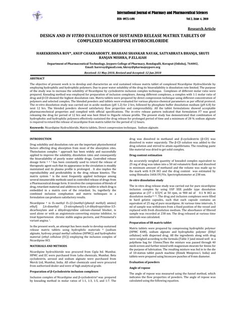Pdf Design And In Vitro Evaluation Of Sustained Release Matrix Tablets Of Complexed