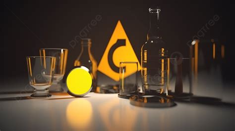 노란색 원과 병이 있는 유리와 삼각형이 있는 유리 유리와 병이 있는 포비션 도로 표지판에 초점을 맞춘 도로 표지판의 3d 그림 고화질 사진 사진 배경 일러스트 및 사진