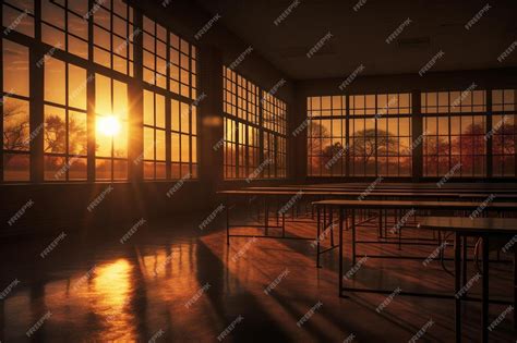 Silent Classroom With Sunset Through Windows High School Image Picture Premium Ai Generated Image