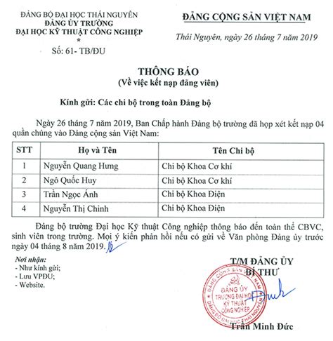 Thông báo Về việc kết nạp Đảng viên