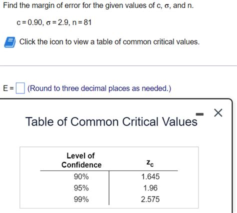 Solved Find The Margin Of Error For The Given Values Of Cσ