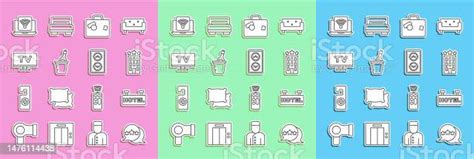 세트 라인 별 5개 등급 검토 텍스트가 있는 간판 호텔 건물 여행 가방 샴페인 얼음 양동이 스마트 Tv 무선 노트북 및 리프트 아이콘 벡터 1위에 대한 스톡 벡터 아트 및