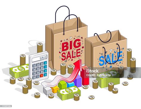 큰 판매 개념 소매 매진 현금 돈 스택 및 흰색 배경에 고립 된 계산기와 쇼핑 백 벡터 3d 아이소메트릭 비즈니스 및 금융 일러스트 얇은 라인 디자인 0명에 대한 스톡 벡터