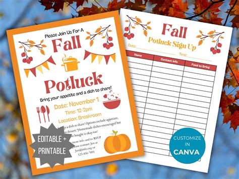 Fall Potluck Invite Template Autumn Potluck Sign Up Sheet Bundle