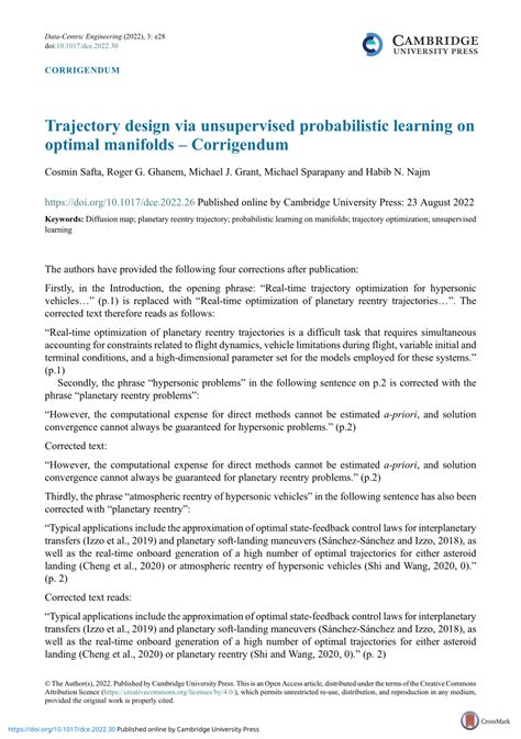 PDF Trajectory Design Via Unsupervised Probabilistic Learning On Optimal Manifolds Corrigendum