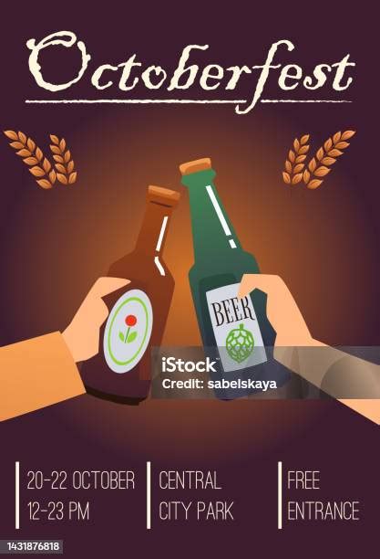 맥주 병을 평평한 스타일로 들고있는 환호 손과 함께 Octoberfest에 관한 포스터 Brewmaster에 대한 스톡 벡터