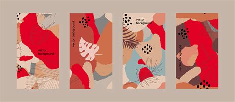 화려한 배너 포스터 커버 디자인 템플릿 소셜 미디어 이야기 배경 화면 열대 잎과 식물 추상적 인 배경의 벡터 세트 심플하고 스타일리시하며 미니멀한 디자인 고객 참여에 대한