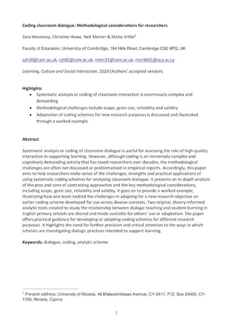 Pdf Coding Classroom Dialogue Methodological Considerations 2020