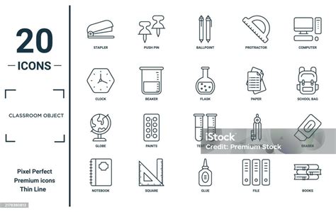 Classroom Object Linear Icon Set Includes Thin Line Stapler Clock Globe