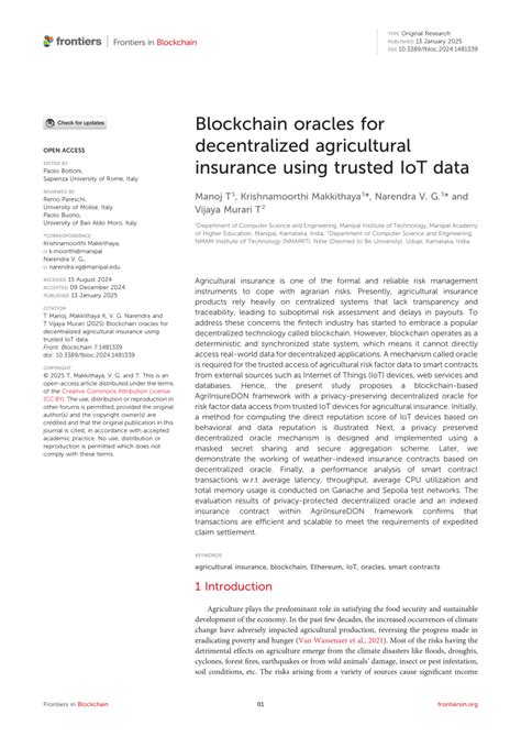 Pdf Blockchain Oracles For Decentralized Agricultural Insurance Using Trusted Iot Data