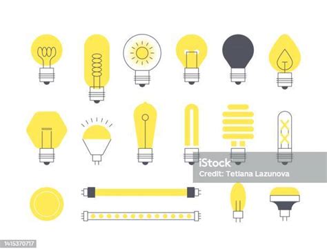 편평한 전구 미니멀 한 추상적 인 빛나는 전기 장치 다양한 에너지 효율적인 Led 전구 및 다른 커넥터가있는 스트립 벡터 전구 로고 개념에 대한 스톡 벡터 아트 및 기타