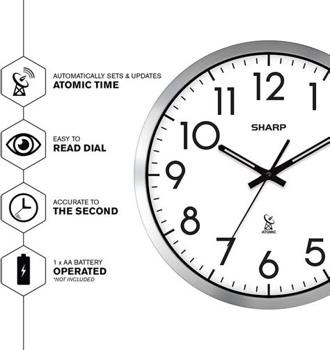 Sharp Atomic Analog Wall Clock 12 Silver Brushed Finish Sets Automatically Battery
