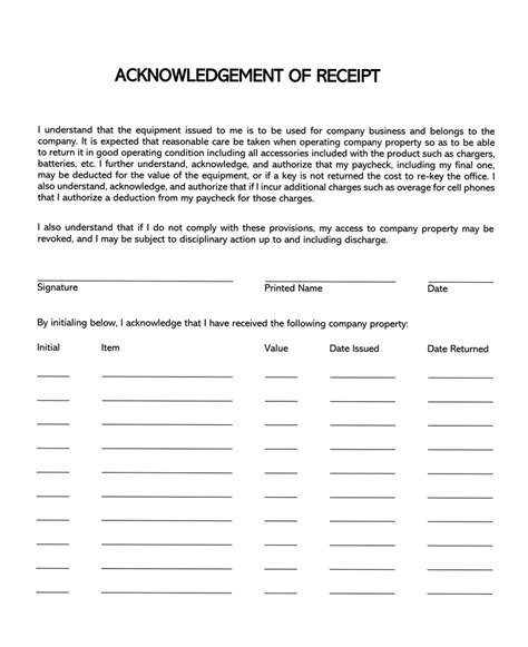 Acknowledgement Receipt Form Template Free Word Template