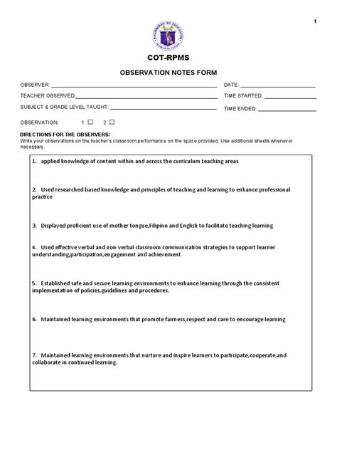 Cot Observation Notes Pdf Learning Teachers