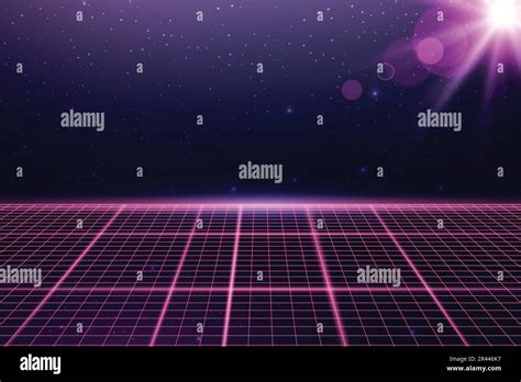 Wireframe Perspective Grid With Lens Flare Space Neon Infinity Mesh