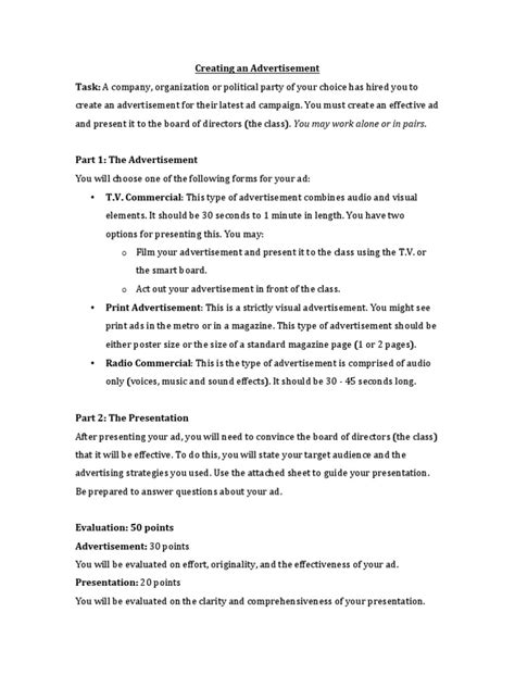 Creating An Advertisement Assignment Pdf Advertising Writing