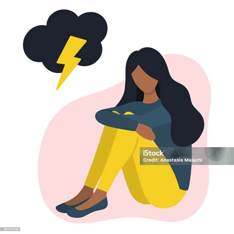 나쁜 기분 개념에 흑인 여자 불안 슬픔 외로움 우울증 스트레스 구름과 번개 플랫 벡터 일러스트와 검은 여자 앉아 두통에 대한 스톡 벡터 아트 및 기타 이미지 Istock