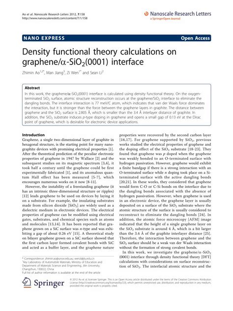 Pdf Density Functional Theory Calculations On Graphene α Sio2 0001 Interface Dokumen Tips
