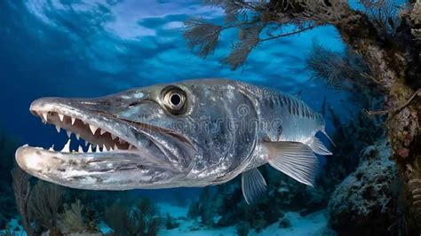 Predatory Great Barracuda Swimming With Open Mouth And Sharp Teeth In