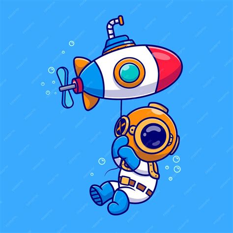 잠수함 풍선 만화 벡터 아이콘 일러스트와 함께 떠 있는 귀여운 다이버 과학 교통 무료 벡터