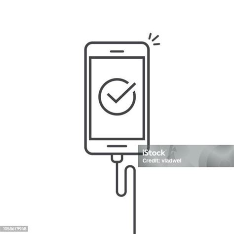휴대 전화 연결 와이어 충전기 벡터 일러스트 레이 션 체크 라인 개요 미술 스마트폰 또는 성공 케이블 연결 개념 업데이트의 틱 수락 완료 아이콘 클립 아트 컴퓨터 케이블에