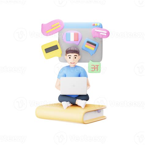 man learning foreign language online 3d character illustration
